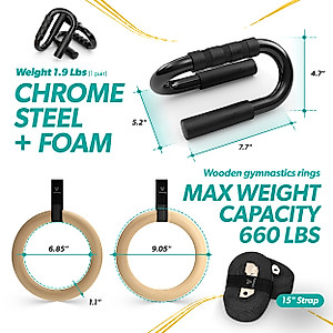 Vitoniq Premium Wood Gymnastics Rings and S-Shaped Push Up Bars Set – Strength Training & Calisthenics Equipment – Non-Slip Birch Wooden Rings, Adjustable Straps, Ergonomic Pushup Handles