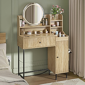 Furtivusia Fluted Makeup Vanity Desk with Mirror and Light Modern Vanity Table with Charging Station Dressing Table with Drawers & Cabinet & Shelves & Divided Organizers 3 Light Settings for Bedroom