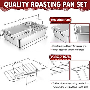 Roasting Pan with Rack for Turkey Chicken, Joyfair Stainless Steel Roaster Pan and V-rack for Toaster Oven, Rectangular Bakeware with Sturdy Handles, Heavy Duty & Dishwasher Safe (Large)
