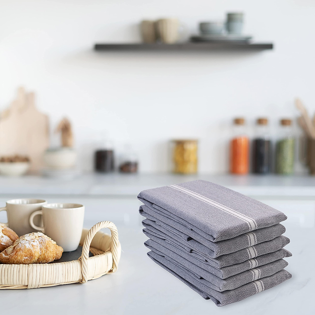LANE LINEN Kitchen Towels Set - 100% Pure Cotton Dish Towels for Kitchen, Super Absorbent Kitchen Hand Towel, Grey Tea Towels, Soft & Durable Dish Cloths, Pack of 6 – 15”x25”, Grey Chambray