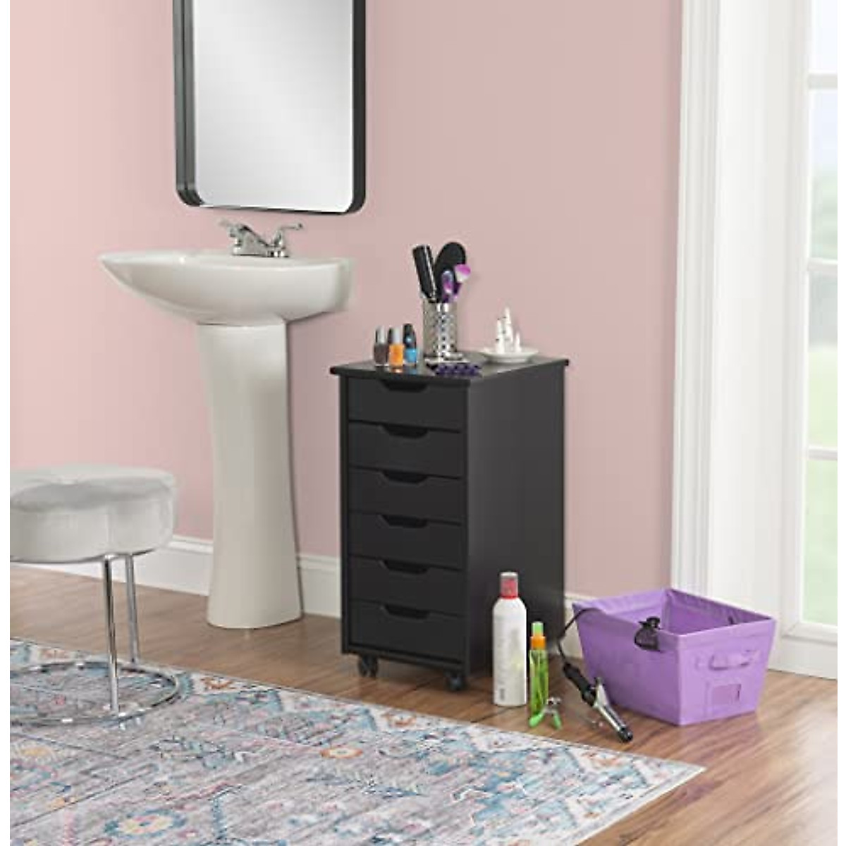 Linon Six Drawer Rolling Storage Corinne Cart, Black 6