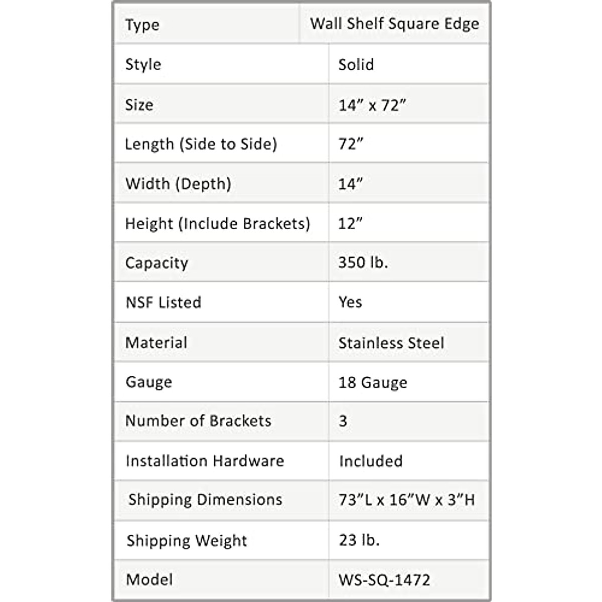 AmGood Stainless Steel Wall Shelf | Square Edge | Heavy Duty | Commercial Grade | Wall Mount | NSF Certified (14" Width x 72" Length)