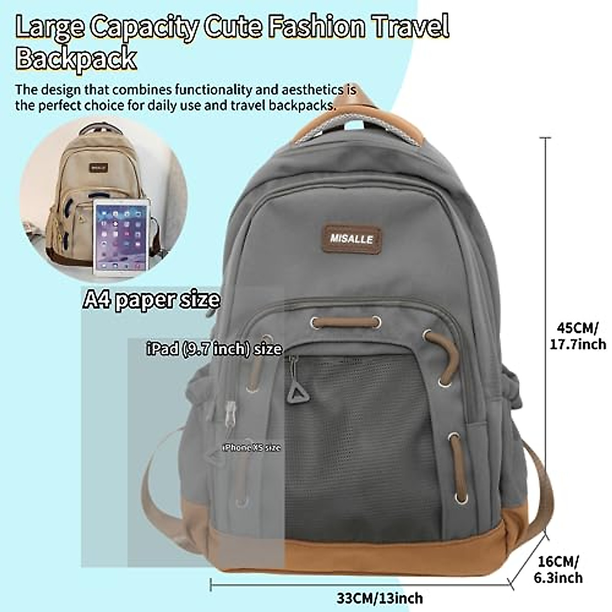 iwhgrmp Kawaii Backpacks Big Capacity Travel Backpack Cute Aesthetic Daypacks Water Resistant Casual Bag (BlueWhite)