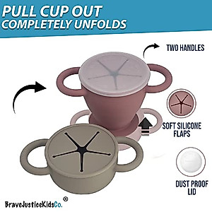 BraveJusticeKidsCo. | Snack Attack II Baby Silicone Snack Cup | 2 pack | Collapsible Toddler Snack Cup (Fog and Dusty Rose)