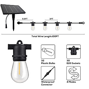Banord 100ft Solar String Light Outdoor, USB Rechargeable Patio Solar Outdoor Lights with Waterproof & Shatterproof Solar Powered Bulbs Hanging Lights for Backyard, Porch, Garden, Cafe, Camping, Party