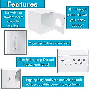 BIRDROCK Home Decorative Cat House & Side Table - Cat Home Nightstand - Indoor Pet Crate - Litter Box Enclosure - Hooded Hidden Pet Box - Cats Furniture Cabinet - Kitty Washroom - White