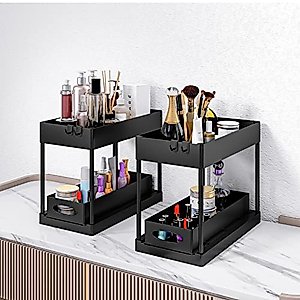 KMIGRUAN Under Sink Organizers and Storage,2 Tier Kitchen and Bathroom Organizer Under Sink Shelf，Multi-function with Hook Under Cabinet Organizer