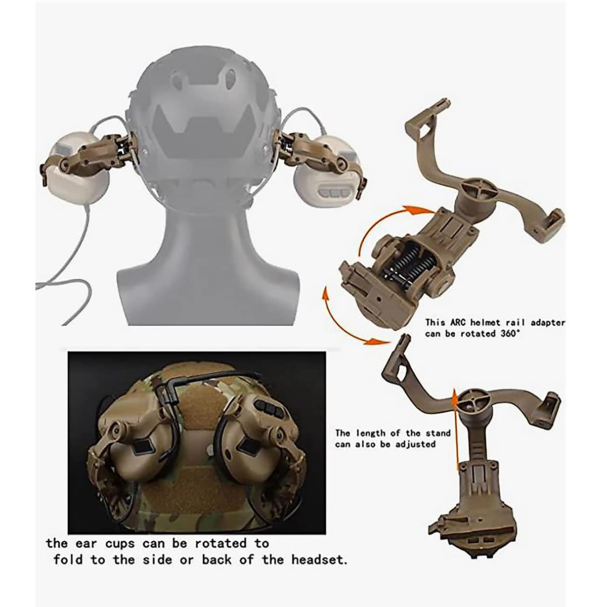 Hdlsina Tactical Shooting Headset + with U94 PTT 2pin with ARC Rail Adapter Noise Reduction & Sound Pickup Ear Protection (Tan)