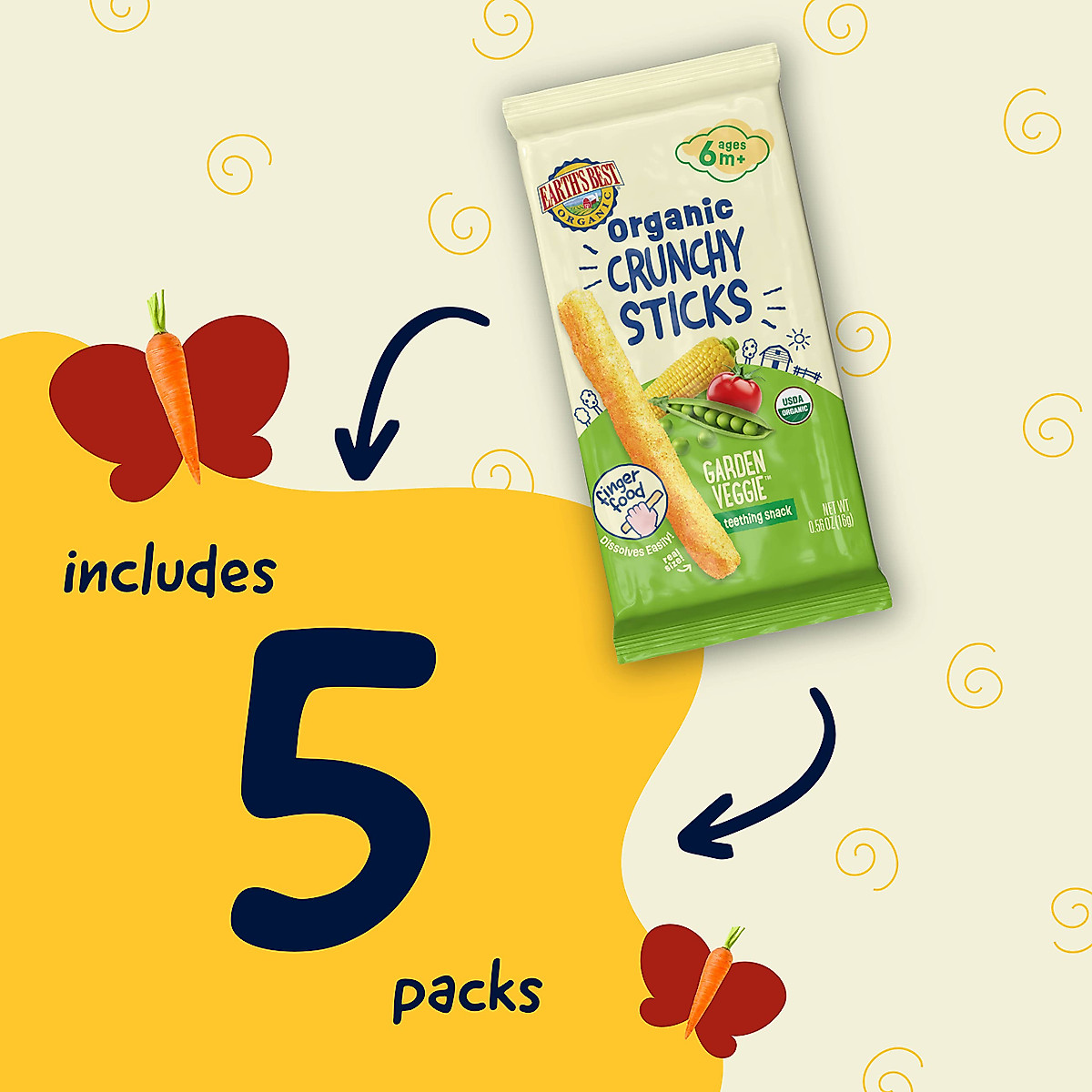 Earth's Best Organic Baby Food, Dissolvable Teething Snack for Babies 6 Months and Older, Garden Veggie Crunchy Sticks, .56 oz Pack (Pack of 5)
