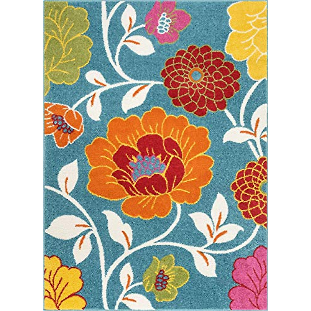 Well Woven Modern Rug Daisy Flowers Blue 3'3" x 5' Floral Accent Area Rug Entry Way Bright Kids Room Kitchen Bedroom Carpet Bathroom Soft Durable Area Rug