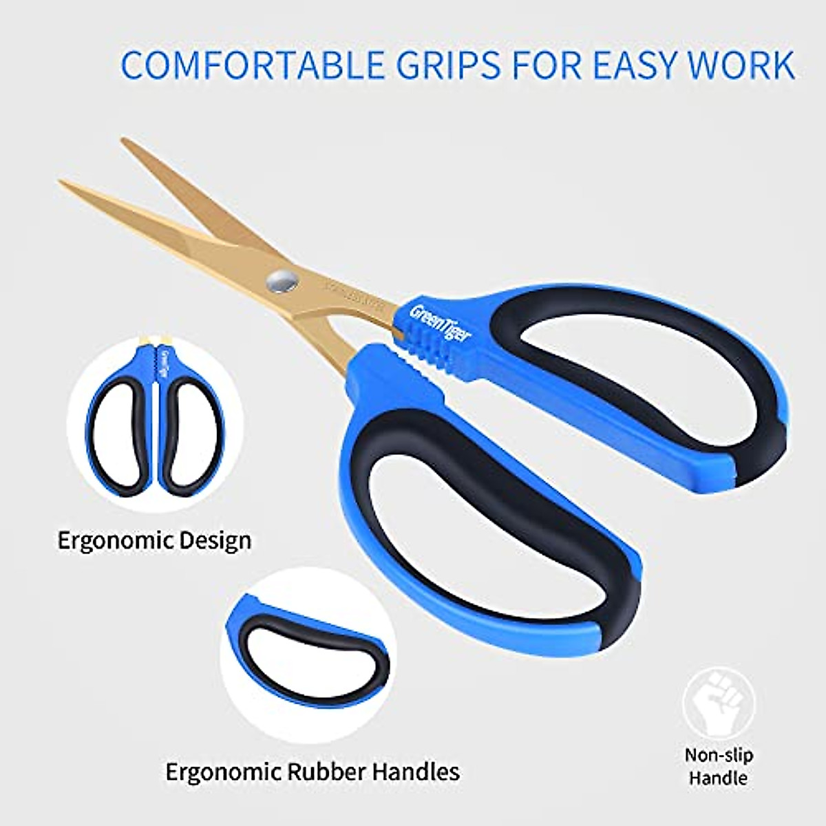 GreenTiger Garden Scissors, 65mm Extra-Long Blade, Golden Titanium Coating Pruning Shears, Sharp Precision-ground Stainless Steel Bonsai Shears, Suit for Garden and Home