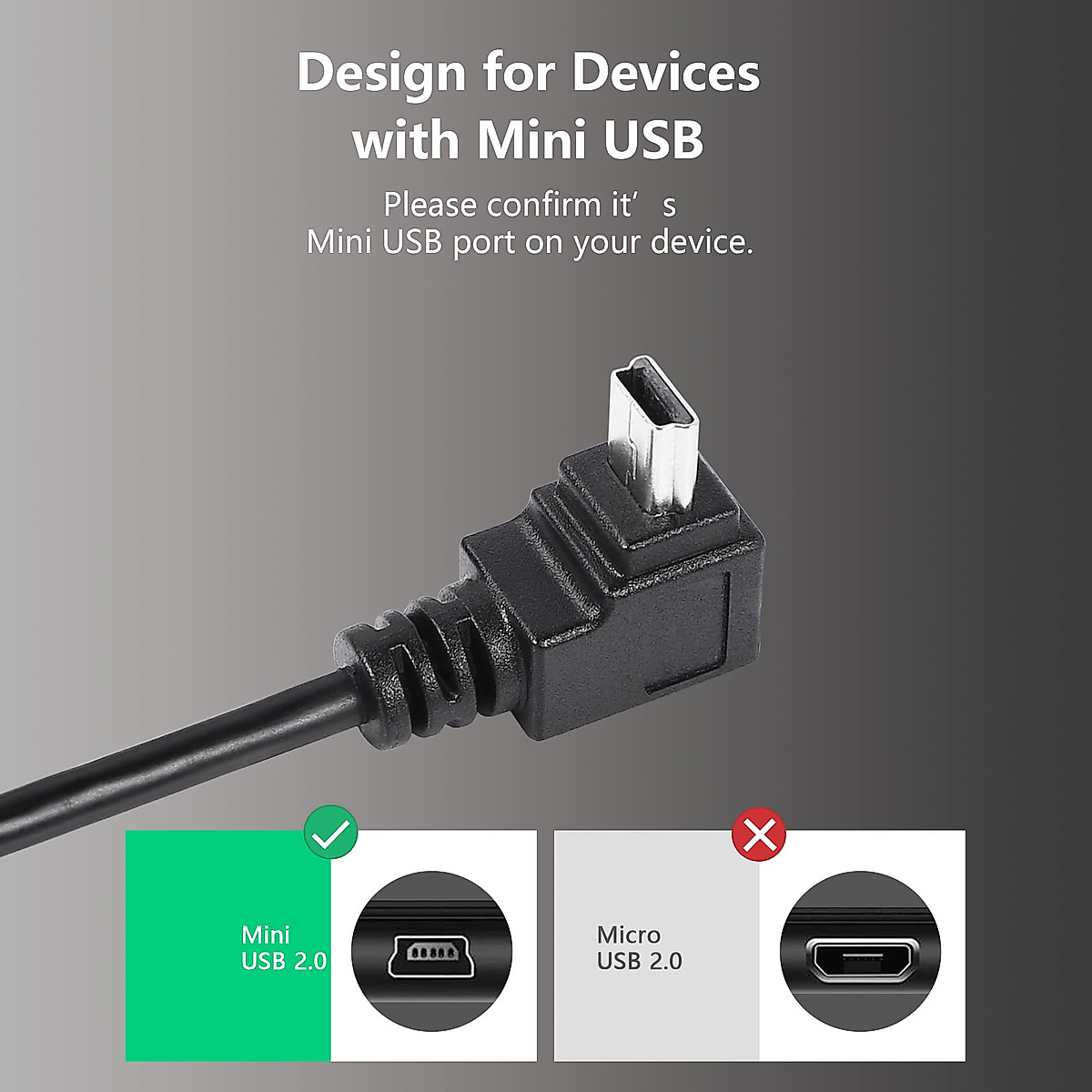 CERRXIAN 9.8FT 90 Degree Mini USB Cable, Angle Mini USB B Male to USB A 2.0 Male Data Sync and Charging Cable for Garmin Nuvi GPS,Canon,Dash Cam (3m, Black Down Angle)