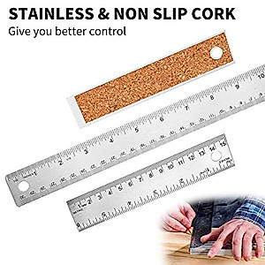3 Pieces Stainless Steel Cork Back Rulers Set 1 Piece 12 Inch and 2 Pieces 6 Inch Non Slip Straight Edge Rulers with Inch and Metric Graduations for School Office Engineering Woodworking