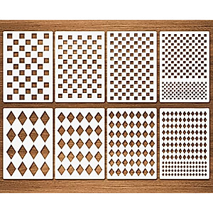 4 Pcs Checkerboard Stencils with 4 Pcs Harlequin Stencils, 8 Pcs Checks & Diamonds Stencils, Repeating Shape Stencils Reusable Mylar Plastic Templates for Painting on Wood Pillows Wall Door A4 Size