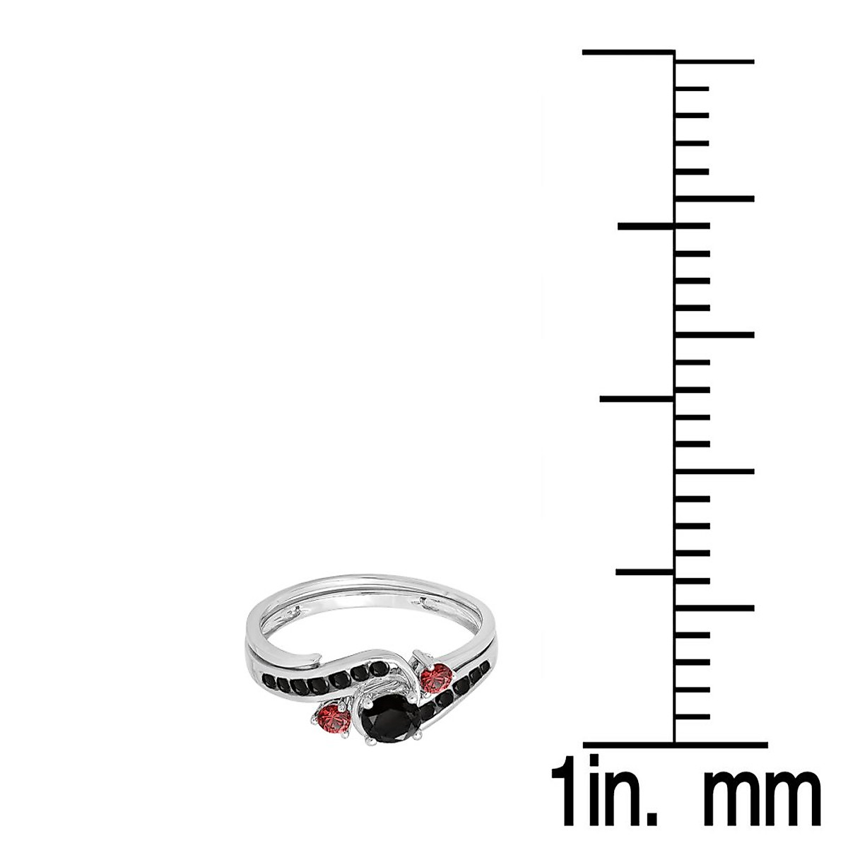 Dazzlingrock Collection 10K Black Diamond & Red Ruby Side Stones Swirl Wedding Ring Set, White Gold, Size 8.5