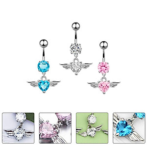 Happyyami 3pcs Dangle Belly Button Rings Stainless Steel Angel Wing Belly Rings Navel Rings Belly Piercing Studs Barbell Body Piercing Jewelry for Woman 3. 5x2cm