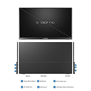 ARZOPA Portable Monitor, 14.0" Ultra Slim Portable Laptop Monitor FHD 1080P External Display with Dual Speakers Second Screen for Laptop PC Phone Xbox PS4/5 Switch-A1 GAMUT Slim