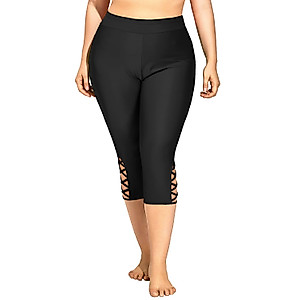 Holipick Black Plus Size Swim Pants for Women Criss Cross Swim Capris High Waisted Swim Leggings UPF 50+ Long Swim Shorts 16W