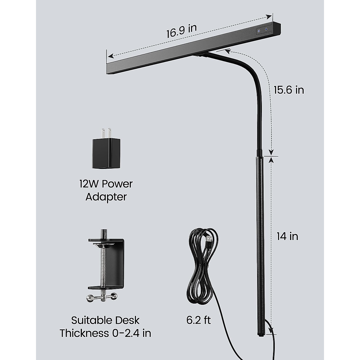SUPERDANNY LED Desk Lamp for Office Home, Eye-Caring Desk Light with Adjustable Gooseneck, 12W Touch Control Dimmable Brightness, Architect Clamp Lamp with USB Adapter for Reading Study Workbench