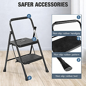 Non-Slip Step Ladder, Metal Foldable Step Stool with Wide Anti-Slip Pedal, Folding Step Stool for Home and Office (2 Step)