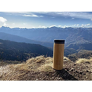 Santai Living Click Open Vacuum Insulated Travel Mug - Bamboo & Double Walled Stainless Steel Thermo Flask 14oz/400ml