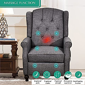 SAMERY Wingback Recliner Chair with Massage and Heat- Accent Chair Push Back Chair for Living Room Bedroom, Tufted Comfy Reclining Arm Chair Sofa, Reading, Napping