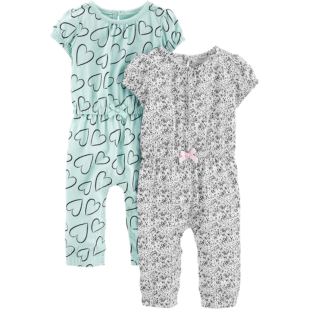 Simple Joys by Carter's Baby Girls' 2-Pack Fashion Jumpsuits, Mint Green Hearts/White Dots, 18 Months