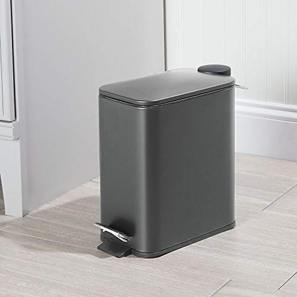 mDesign Slim Metal Rectangle 1.3 Gallon Trash Can with Step Pedal, Easy-Close Lid, Removable Liner - Narrow Wastebasket Garbage Container Bin for Bathroom, Bedroom, Kitchen, Office - Charcoal Gray
