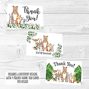 24 Woodland Thank You Cards With Envelopes, Kids or Baby Shower Thank You Note, Rustic Animal Deer or Fox, 4x6 Varied Gratitude Pack For Party, Birthday Boy or Girl Children, Appreciation Stationery