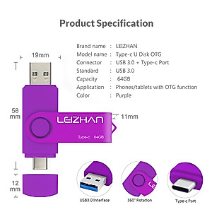 leizhan 64GB Type C USB Flash Drive USB 3.0 USB C Phone Picture Stick for Samsung Galaxy S10,S9,S8,S8 Plus, Note 9, Google Pixel XL, Purple