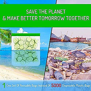 Reusable Storage Bags for Food - 15 Pack Freezer Bags - 3 Reusable Gallon Bags + 6 Reusable Sandwich Bags + 6 Reusable Snack Bags - Non Plastic/Silicone Lunch Bags for Kids