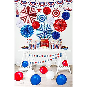 66PCS 4th/Fourth of July Decorations Set - Patriotic Paper Fans+Tissue Pom Poms+Star Streamer+American Flag Banner Garland+Hang Swirls+Balloons - Red White Blue USA Memorial Day Party Decor Supplies