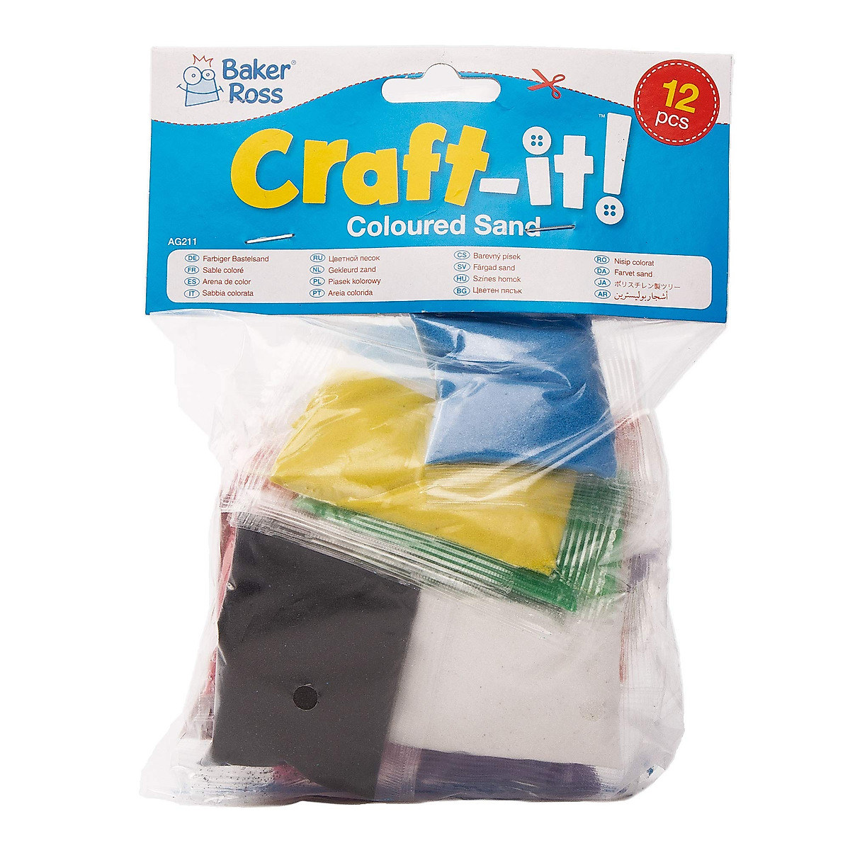 Baker Ross-AG211 Mini Bags of Coloured Sand for Kids Art Supplies, Crafts & Textured Paint Effects (Pack of 12 x 40g), 40H, Assorted 12 Pack