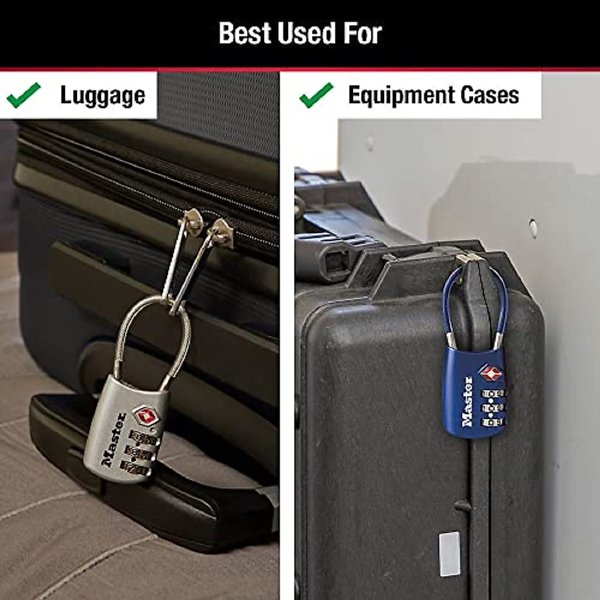 Master Lock Padlock, Set Your Own Combination TSA Locks for Luggage, Travel Zipper Lock with Cable Shackle is 1-3/16 in. Wide, Colors May Vary, 4688T, 2 Count (Pack of 1)