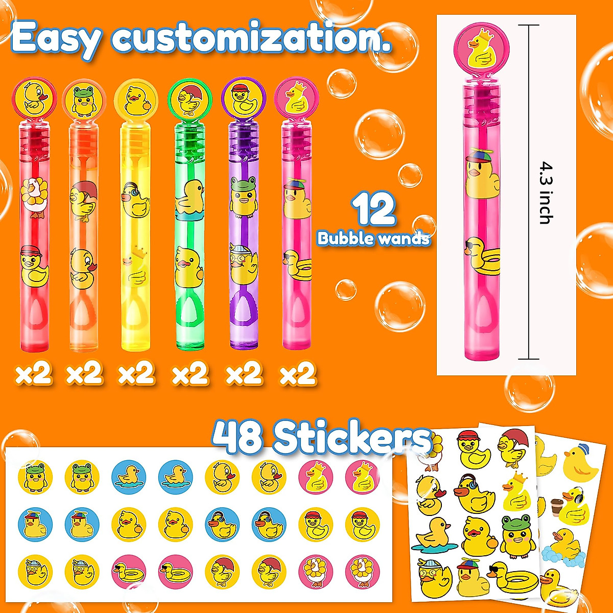 60PCS Duck Party Favors 12PCS DIY Bubble Wands 48PCS Stickers for Goodie Bag Fillers Pinata Stuffers, Mini Bubble Bulk Birthday Party Supplies Gifts Class Prizes for Toddlers Boys Girls