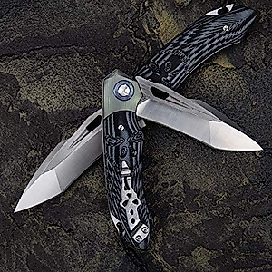 NEWOOTZ Skull Theme Folding Pocket Knife with Leather Sheath, Handmade Titanium Damascus Steel Decoration Handle,4in 58-60HRC Blade, EDC Cool Outdoor Tanto Point Knives for Men Women