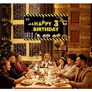 Joyiou Construction Theme Happy 3rd Birthday Decorations Backdrop Banner for Boy Kids, Three Years Old Yellow Black Dump Truck Birthday Party Excavator Crane Sign Supplies Photo Booth Props (5* 3 ft)
