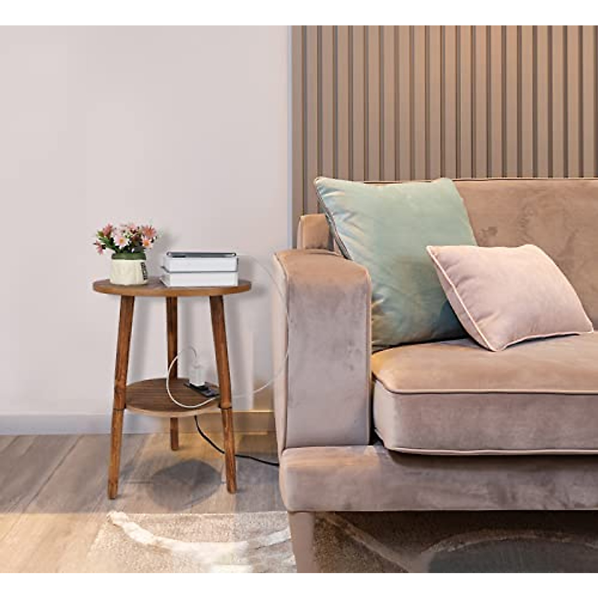 Round Side Table with Charging Station, Mid Century Modern Nightstand, End Table with USB Ports & Power Outlets, Farmhouse Bedside Table, Small Night Stand End Side Tables for Living Room Bedroom