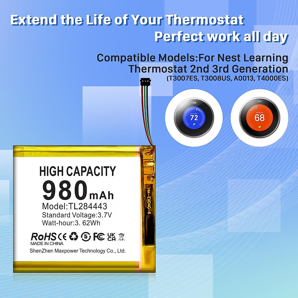 KOOAQQ TL284443 Battery, 980mAh Ultra High Capacity Li-Polymer Battery Replacement Compatible with Nest Learning Thermostat 2nd 3rd Generation, T3007ES, T3008US, T4000ES, A0013 with Repair Tools