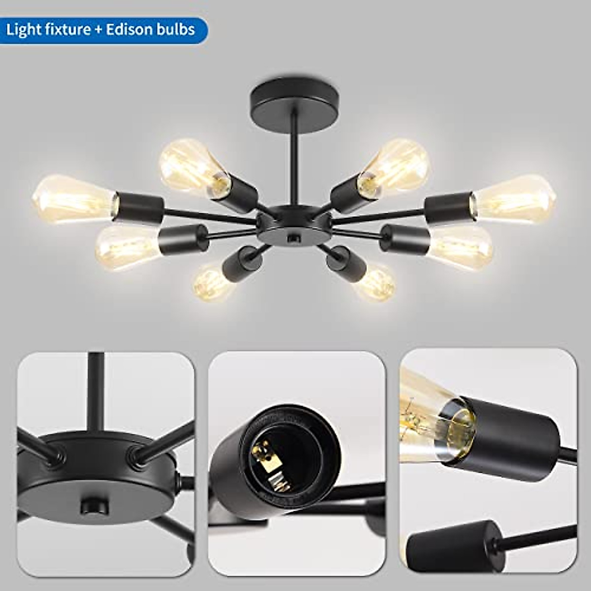 ANWIO Modern Flush Mount Ceiling Light Metal Art Industrial Ceiling Light 8 Lights Black Sputnik Painted Finish Chandelier for Kitchen Farmhouse Living Room Dining Room(8Head)