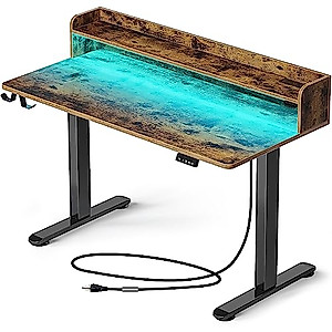Rolanstar Standing Desk with LED Lights & Charging Station, 47.2" Height Adjustable Desk with Monitor Stand, Electric Gaming Desk with 2 Headphone Hooks, Sit Stand Home Office Desk, Rustic Brown