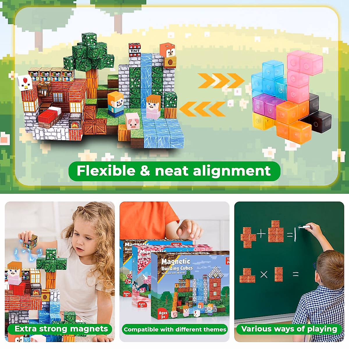 Magnetic Blocks-150PCS Grassland Magnetic Building Blocks Set, Kids Classroom Sensory Toy for Toddlers STEM Learning, Construction Stacking Toy for Kids 3+ Boys and Girls Christmas Birthday Gifts