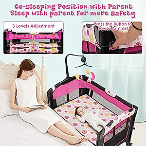 BABY JOY 4 in 1 Pack and Play, Baby Bedside Sleeper with Bassinet, 3 Adjustable Heights, Music Box, Easy to Install, Foldable Bedside Crib w/Changing Table, Playards from Newborn to Toddlers