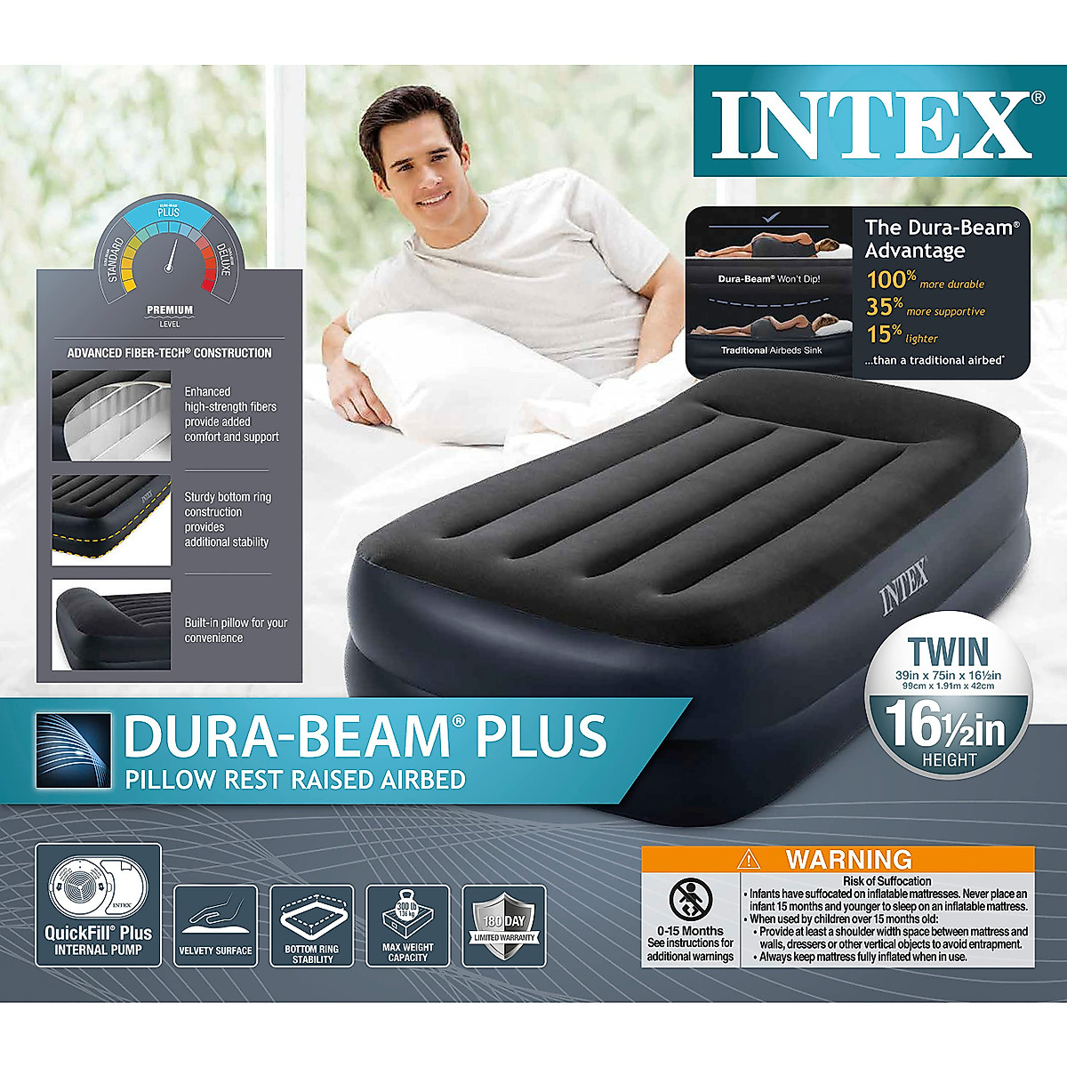 Intex Dura-Beam Standard Series Pillow Rest Raised Airbed w/Built-in Pillow & Internal Electric Pump, Twin