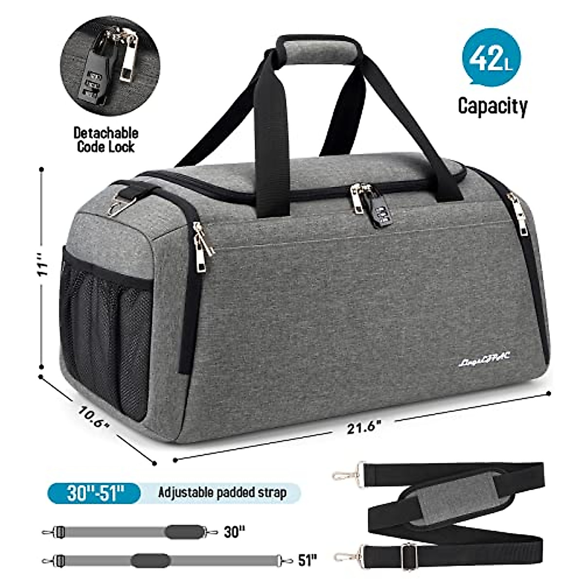Gym Bag for Women & Men, Travel Duffel Bag for Sports, Gyms and Weekend Getaway, Waterproof Dufflebag with Wet Pocket & Shoes Compartment, Lightweight Carryon Gymbag