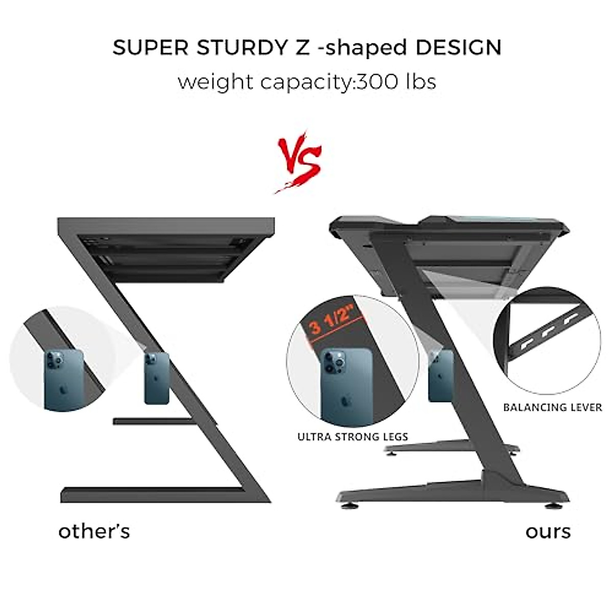 EUREKA ERGONOMIC Z60 Gaming Desk with Led Lights, 60 Inch Large RGB Gaming Computer Desk for Home Office Work Study Writing with Mouse Pad, Easy to Assemble, 24" Wide, Carbon Fiber Black