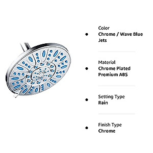 AquaDance 7-inch 6-Setting Rainfall Showerhead with Anti-Microbial Microban Protection from Mold, Mildew, and Bacteria - Clog-Free Wave Blue Jets, Chrome Finish