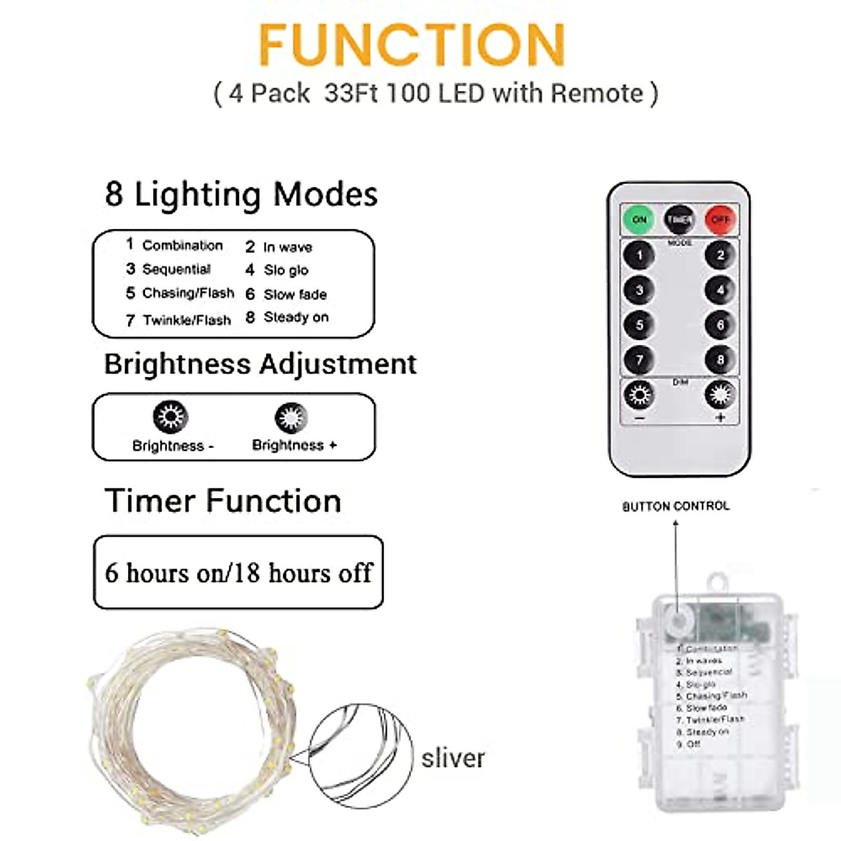 4-Pack 33FT 100 LED Fairy Lights Battery Operated with Remote & Timer, Waterproof String Lights Outdoor Indoor Bedroom Decor, 8 Mode Twinkle Lights for Girl Room Xmas Party Wedding Garden (Warm White)