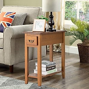 Tangkula Narrow End Table, Slim Side Table with Drawer and Open Shelf, Small End Tables for Small Spaces, Narrow Nightstand Bedside Table for Living Room Bedroom, 9.8 x 23.6 x 23.6 inches (1, Walnut)