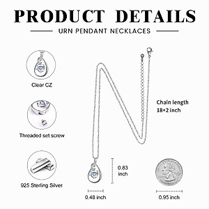 BEILIN 925 Sterling Silver Urn Pendant Necklaces for Ashes Cubic Zirconia Teardrop Keepsake Cremation Jewelry Women Memorial Gifts for A Loss of Loved one (Clear)